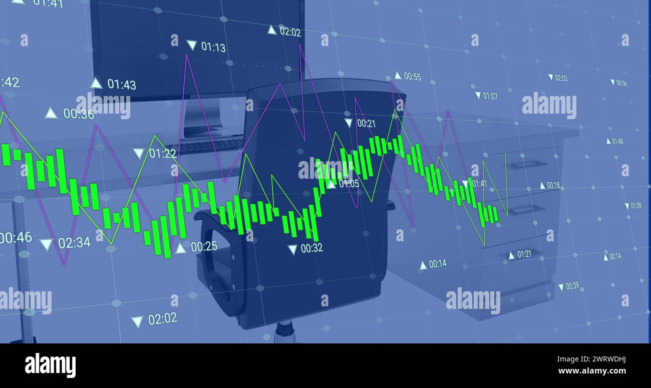 Image of graphs and numbers changing over empty chair and desktop on ...