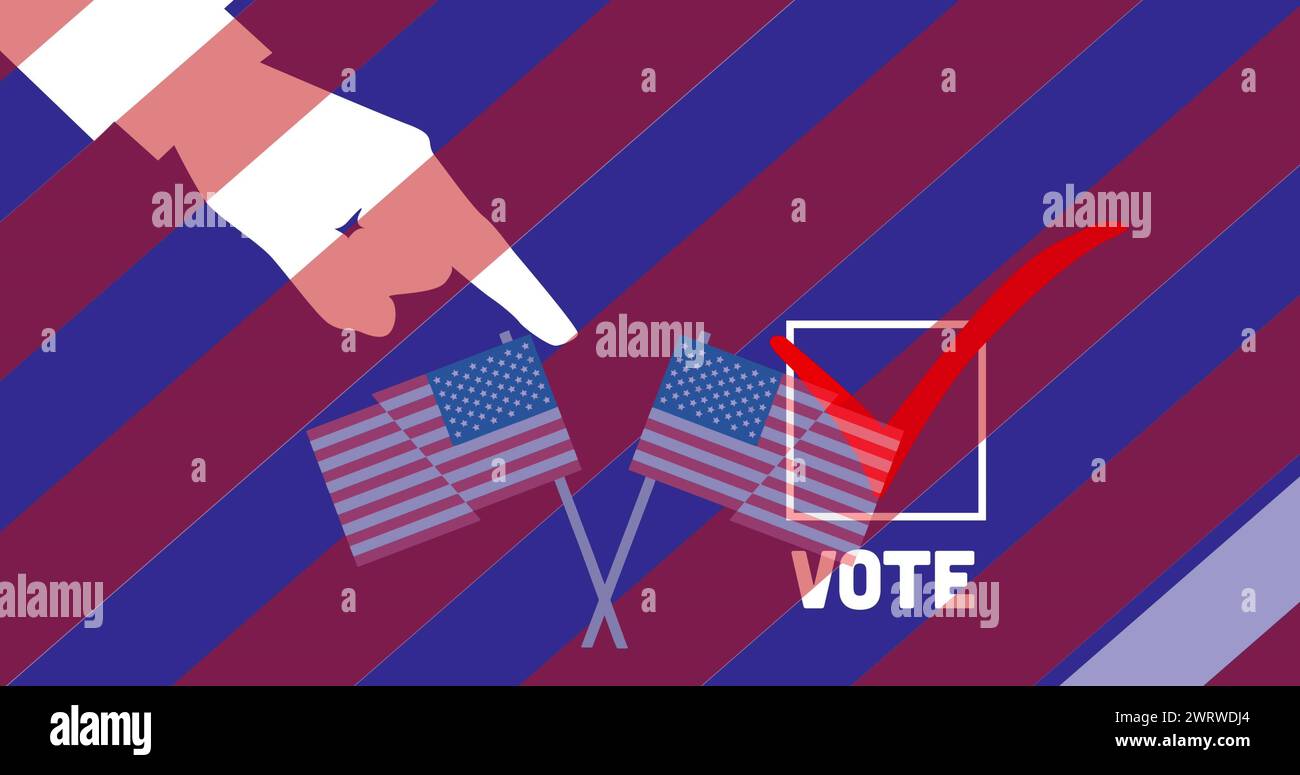 Image of hand, vote and american flags over red, white and blue striped ...
