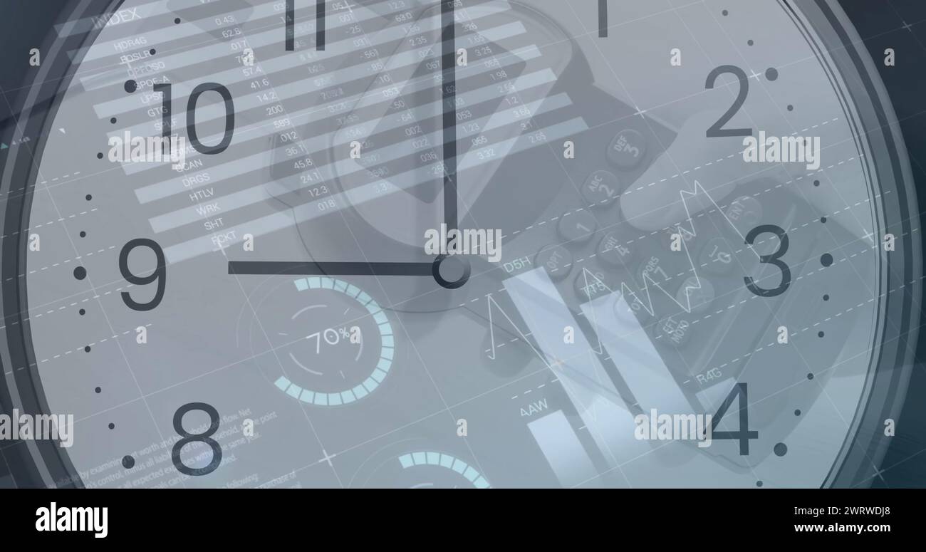 Image of diagrams and data processing with clock over payment terminal ...