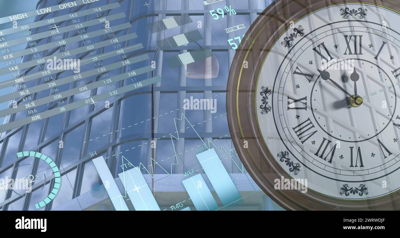 Image of diagrams and data processing with clock over cityscape Stock ...