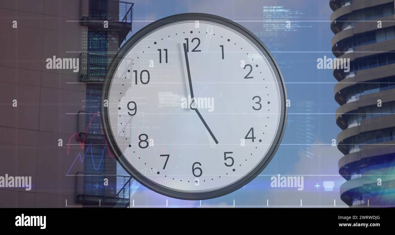 Image of diagrams and data processing with clock over cityscape Stock ...