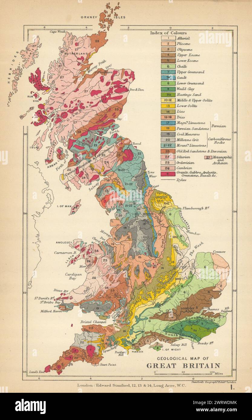UK Geological map of Great Britain 1904 old antique vintage plan chart ...