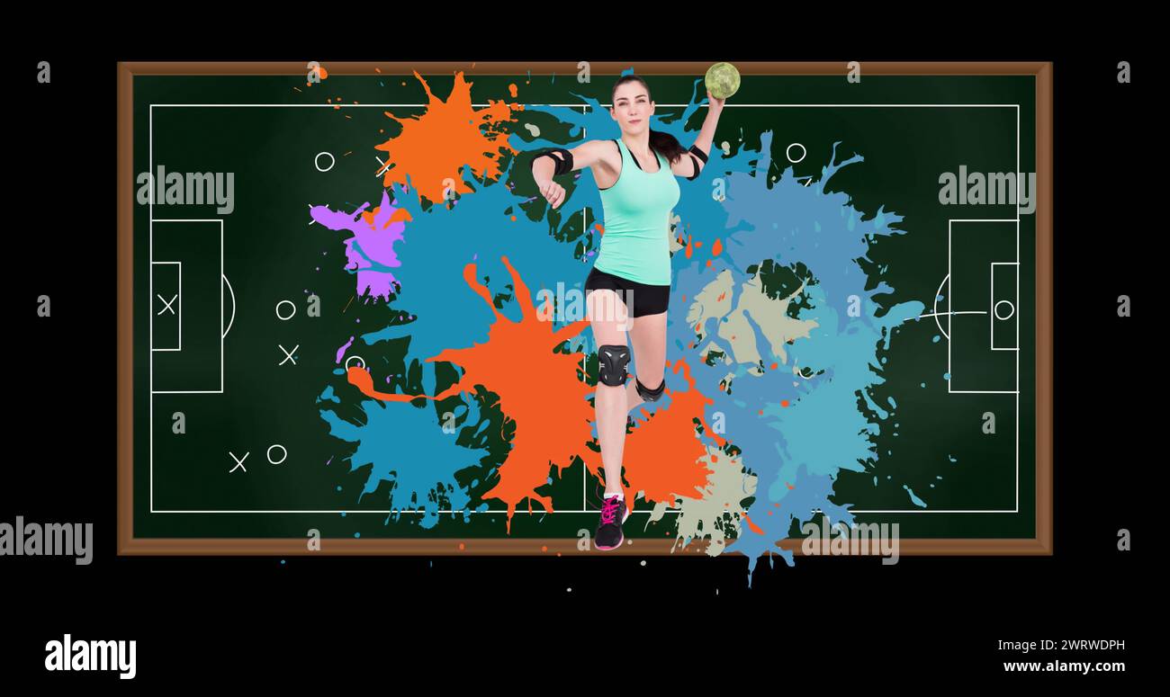 Image of caucasian female handball player holding ball over drawing of ...