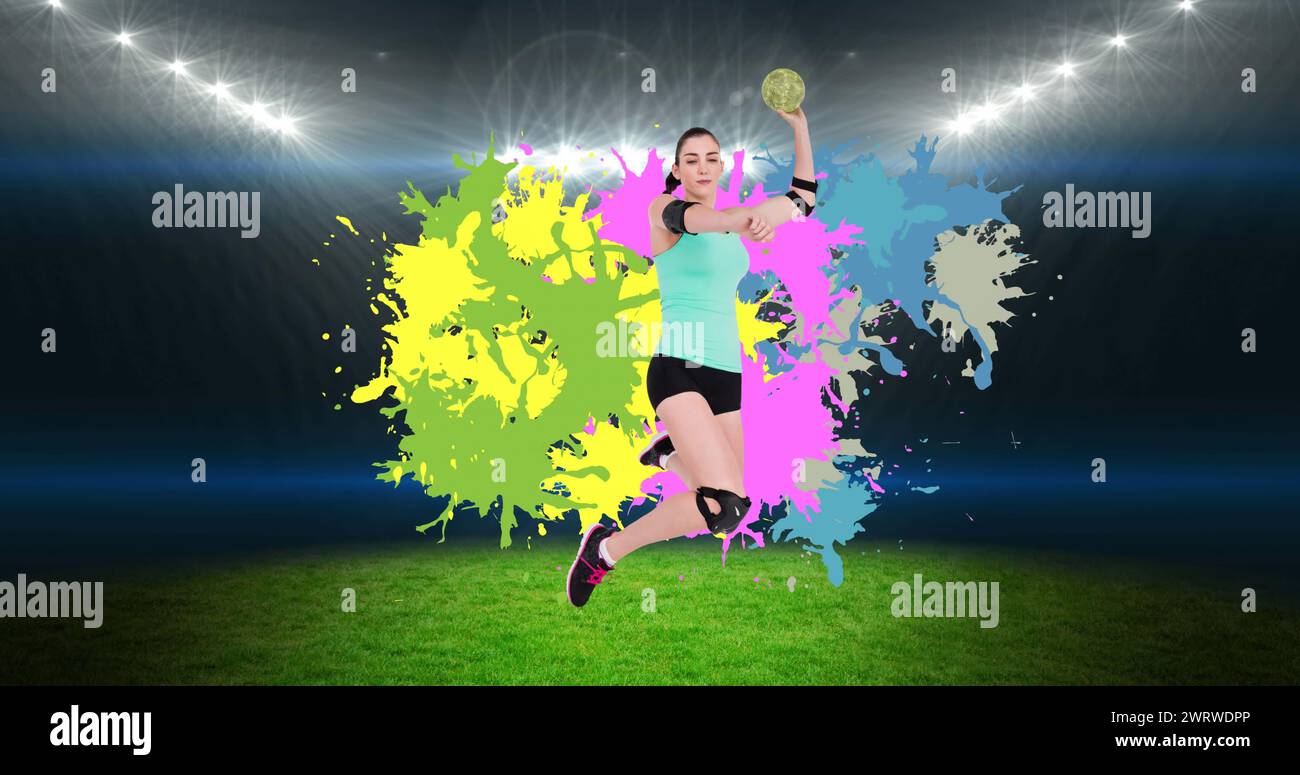 Image of caucasian female handball player holding ball over empty ...