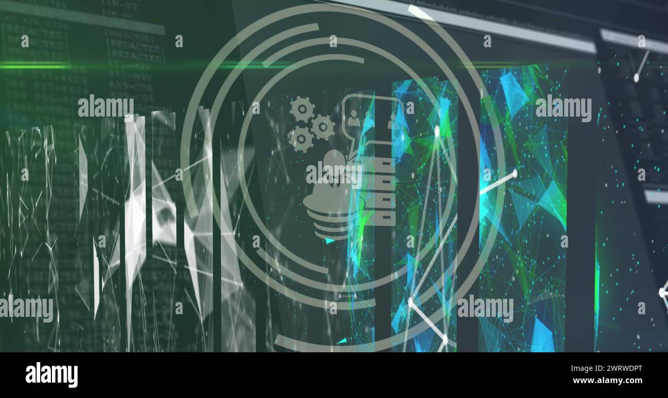Image of cloud, data transfer and business networking icons over glowing screens processing data ...