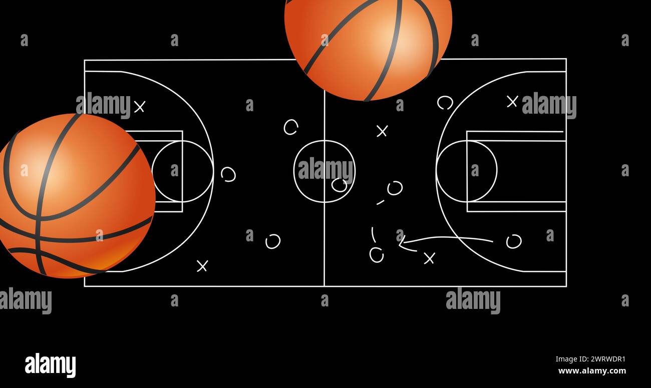 Image of basketballs over drawing of game plan on black background ...