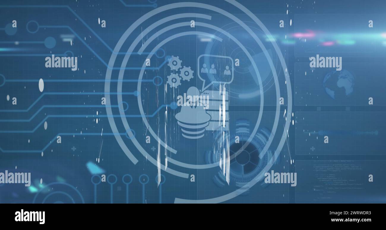 Image of scope scanning with icons over computer circuit board on black background Stock Photo ...