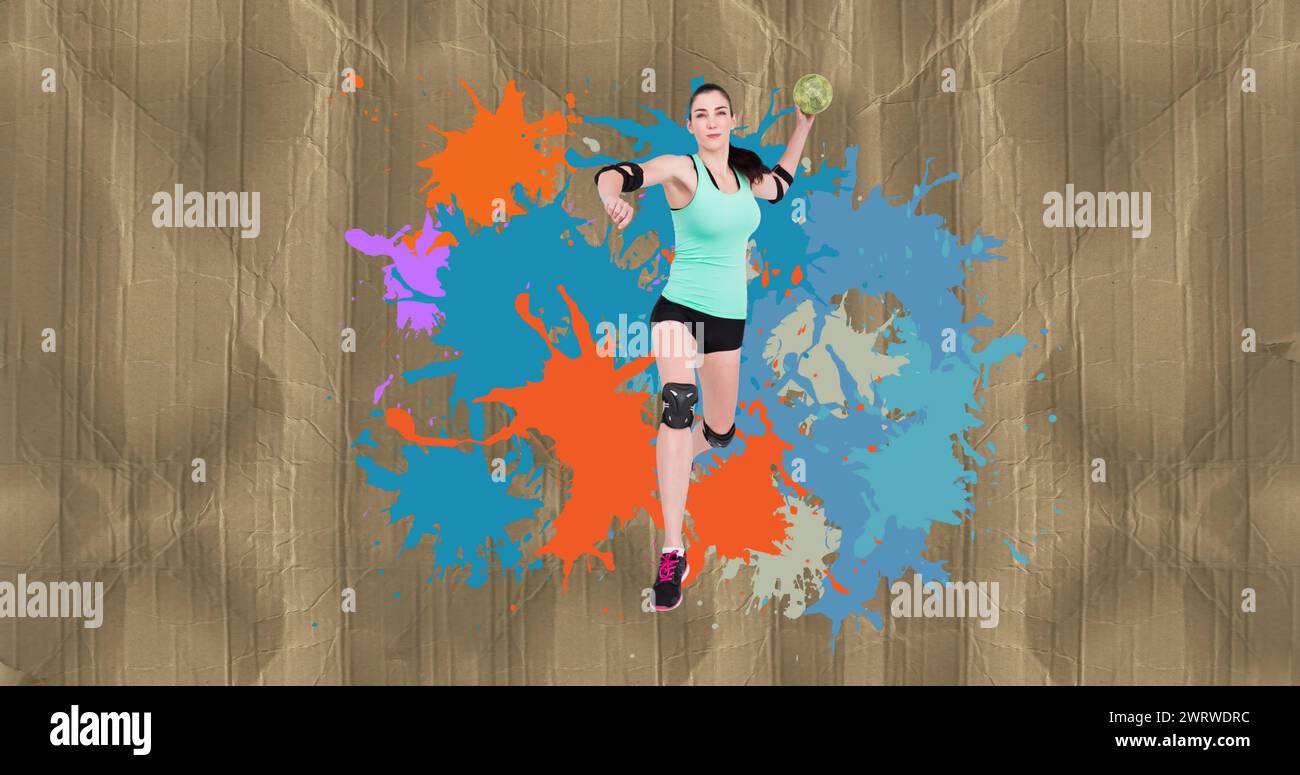 Image of caucasian female handball player holding ball over colorful ...