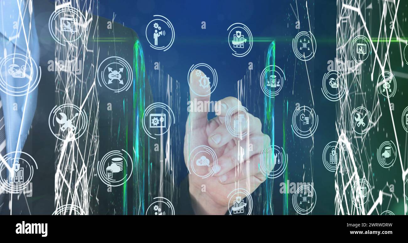 Image of hand using touchscreen with business and data sharing icons over communication networks ...