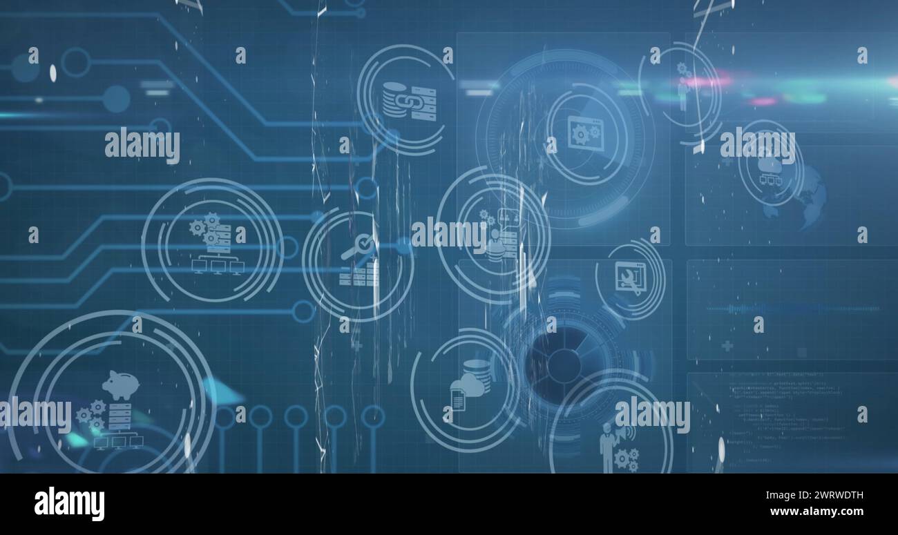Image of scope scanning with icons over computer circuit board on black background Stock Photo ...