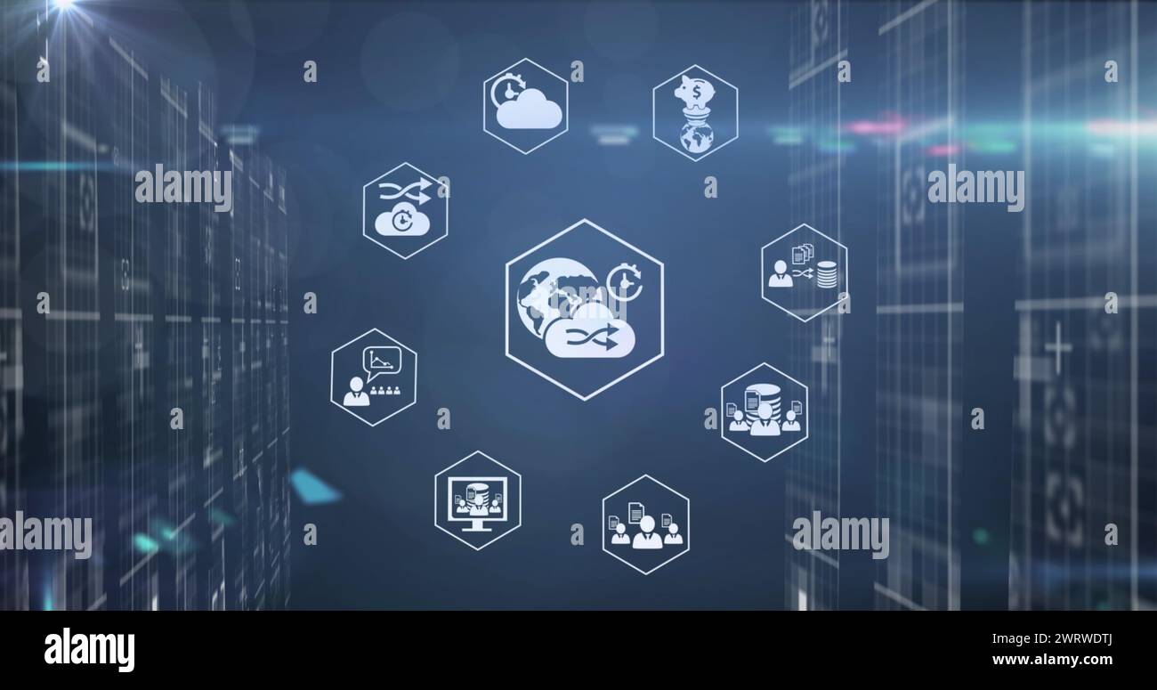 Image of cloud, data transfer and business networking icons over glowing screens processing data ...