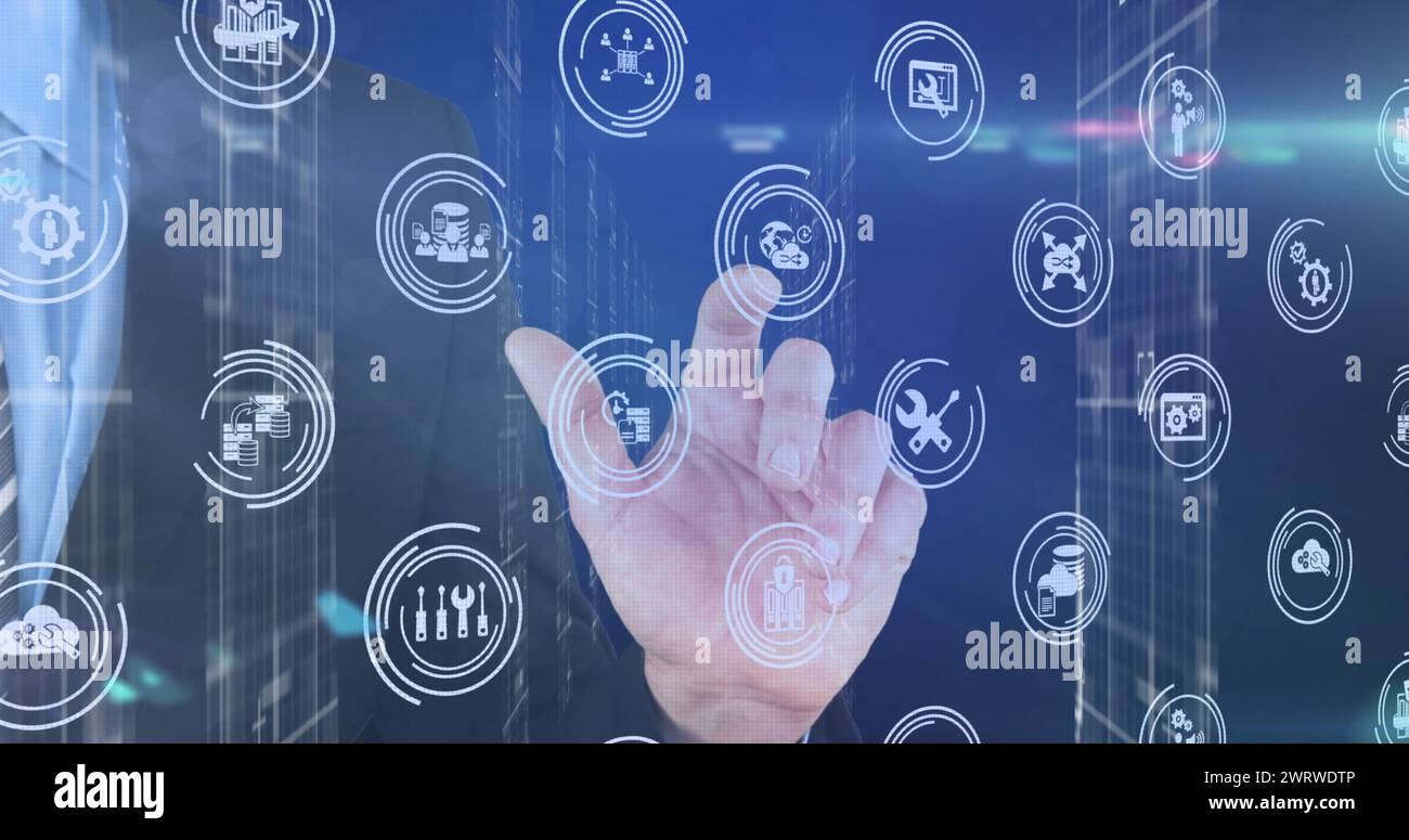 Image of multiple digital icons over mid section of businessman ...