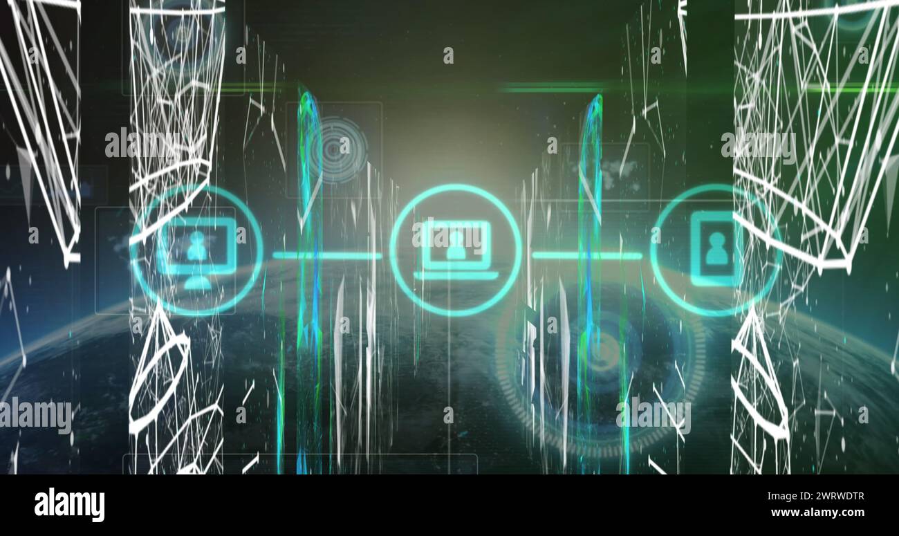 Image of multiple digital icons over screens of network of connections ...