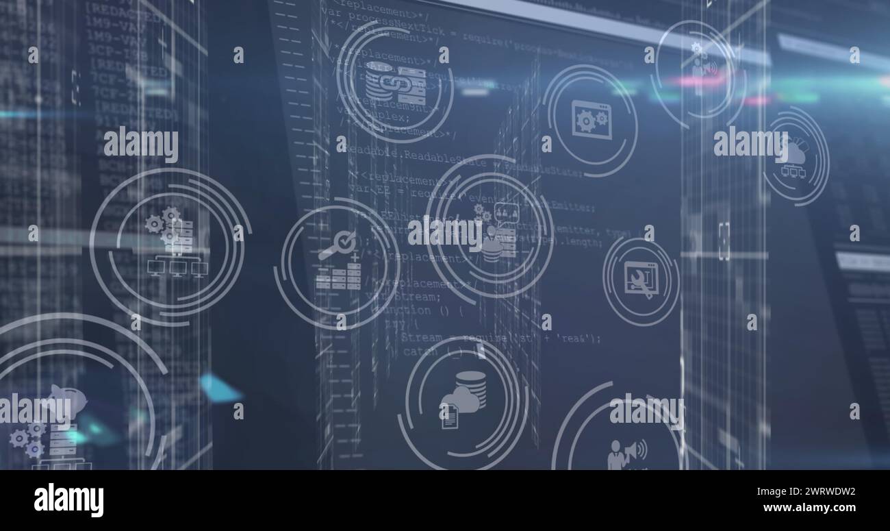 Image of multiple digital icons over screens with data processing ...