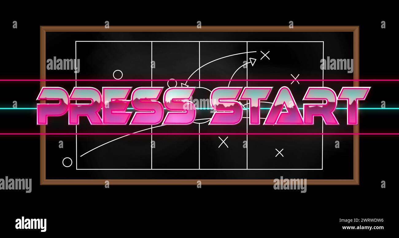 Image of press start text over drawing of game plan on black background ...