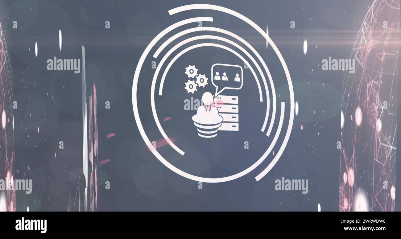 Image of interface with business and data sharing icons over global network and data processing ...