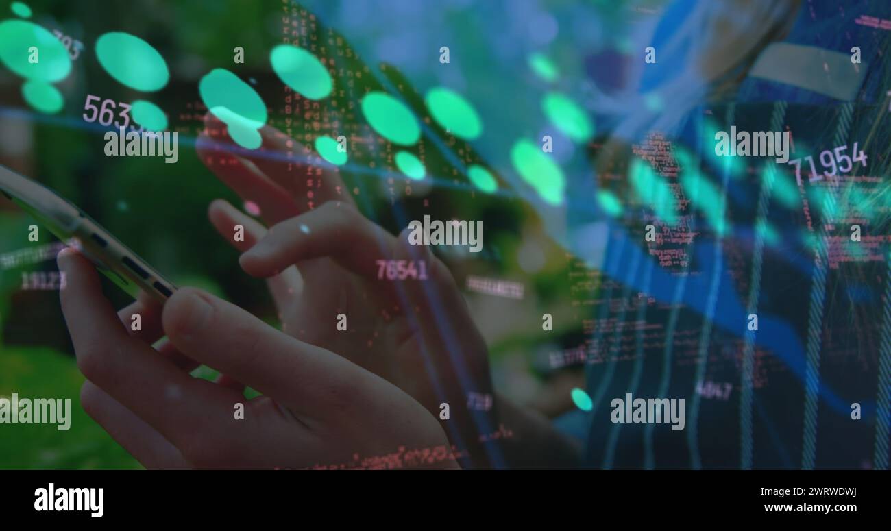 Image of green dot graph and data processing over hands of woman using ...