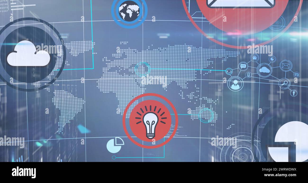 Image of interface with cloud and data sharing icons over world map and data processing ...