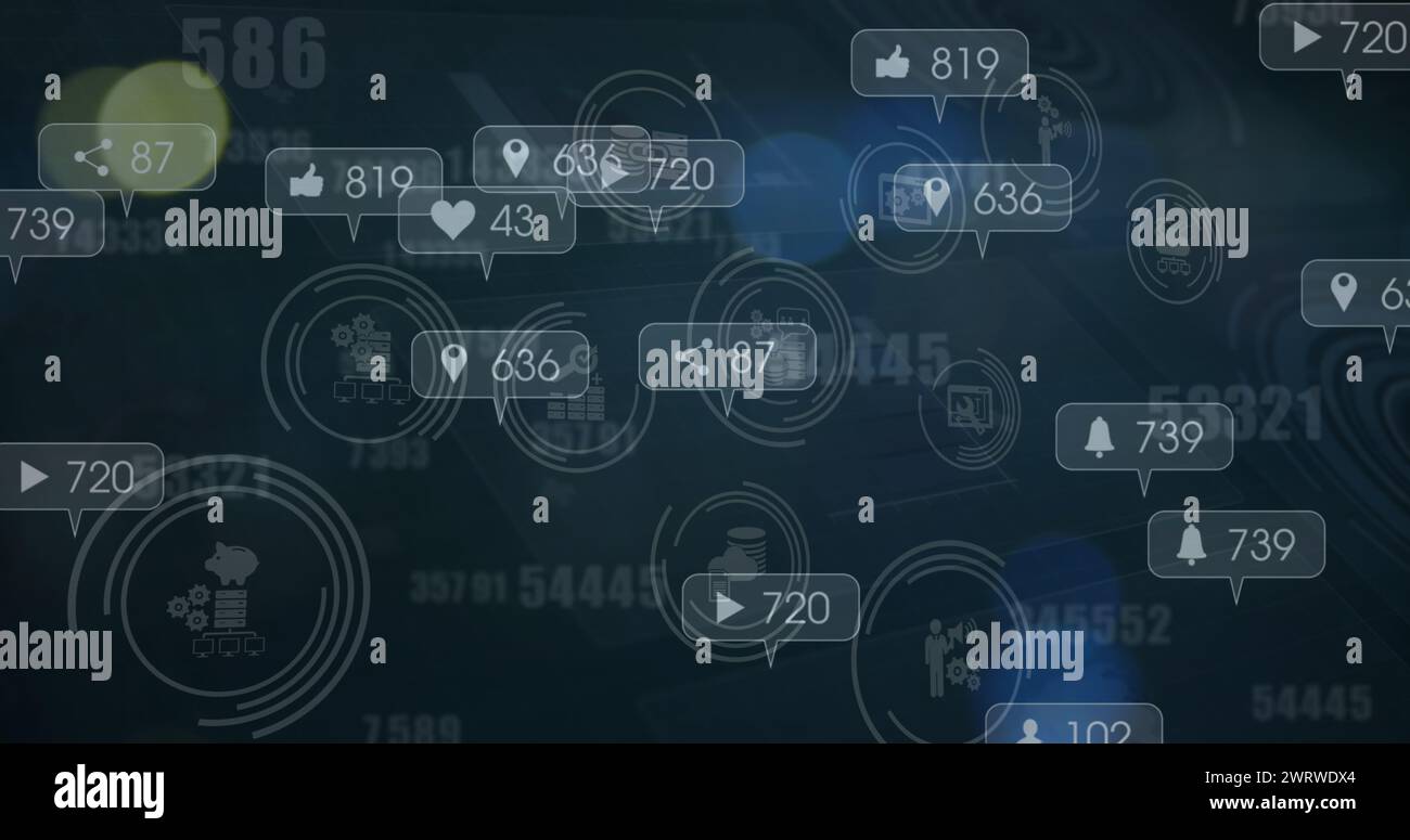 Speech bubbles with increasing numbers over digital icons and spots of light on blue background ...