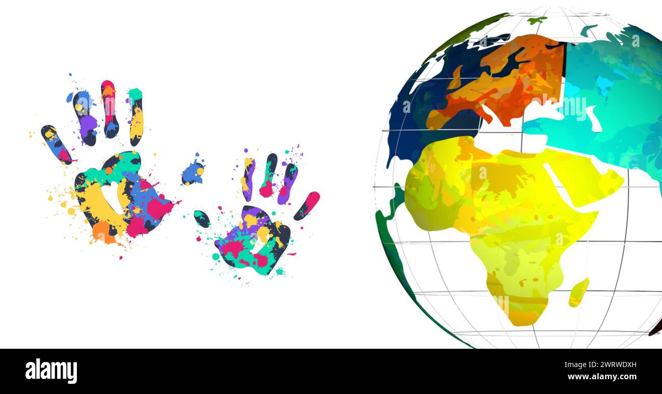 Image of handprints and globe on white background. Universal childrens ...