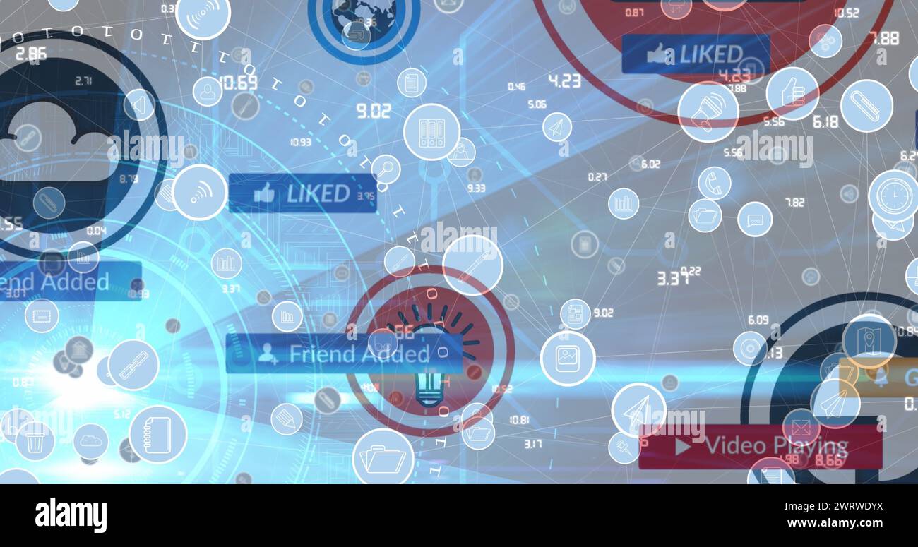 Speech bubbles with increasing numbers and digital icons against spot ...