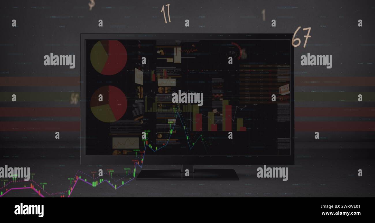 Image of graph and data processing over charts on interface screen ...