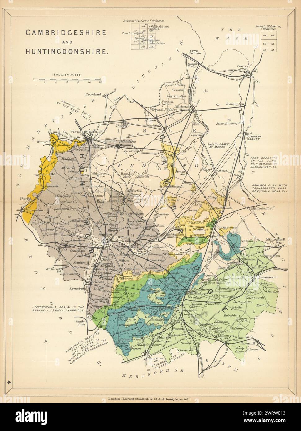 CAMBRIDGESHIRE AND HUNTINGDONSHIRE Geological map. STANFORD 1904 old ...