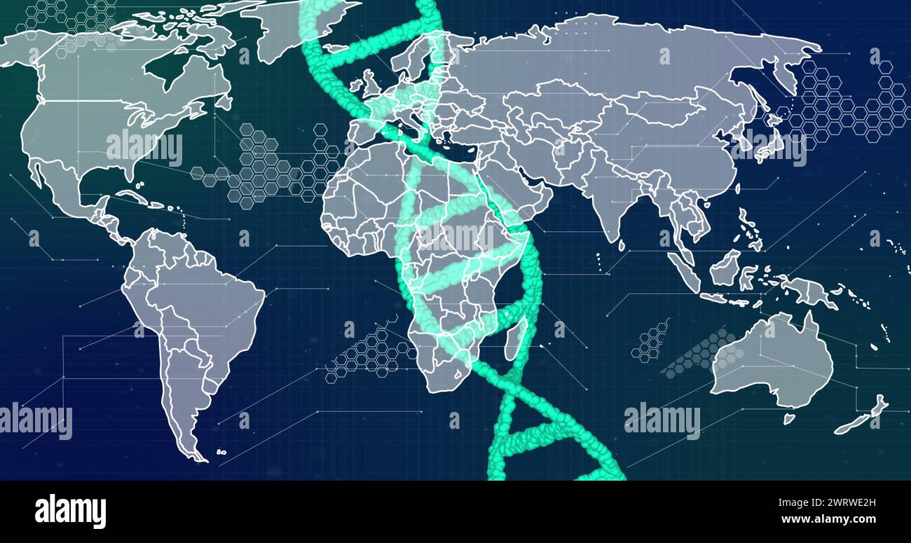 Image of dna strand spinning over world map Stock Photo - Alamy