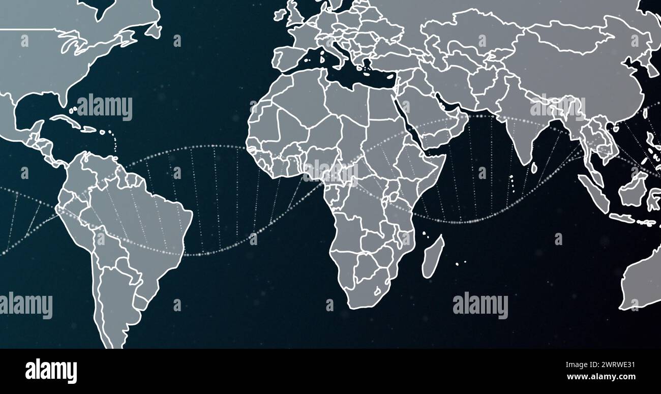 Image of dna strand spinning over world map. global science, research ...