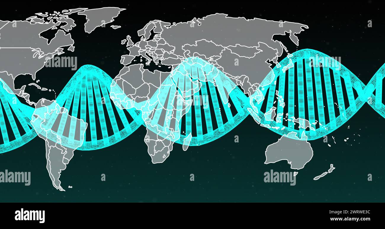 Image of dna strand spinning over world map Stock Photo - Alamy