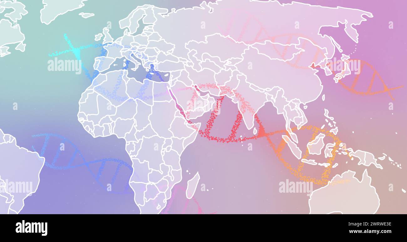 Image of dna strands spinning over world map Stock Photo - Alamy