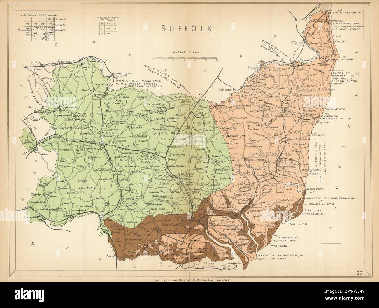 SUFFOLK Geological map. STANFORD 1904 old antique vintage plan chart ...
