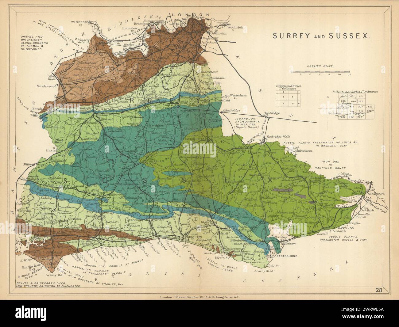 SURREY AND SUSSEX Geological map. STANFORD 1904 old antique plan chart ...