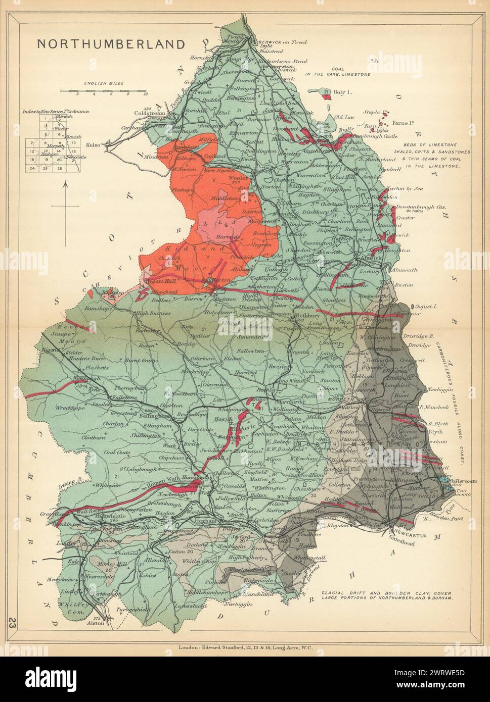 NORTHUMBERLAND Geological map. STANFORD 1904 old antique plan chart ...