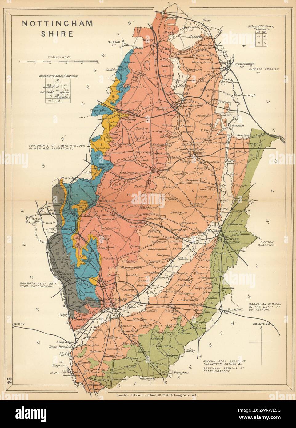 NOTTINGHAMSHIRE Geological map. STANFORD 1904 old antique plan chart ...