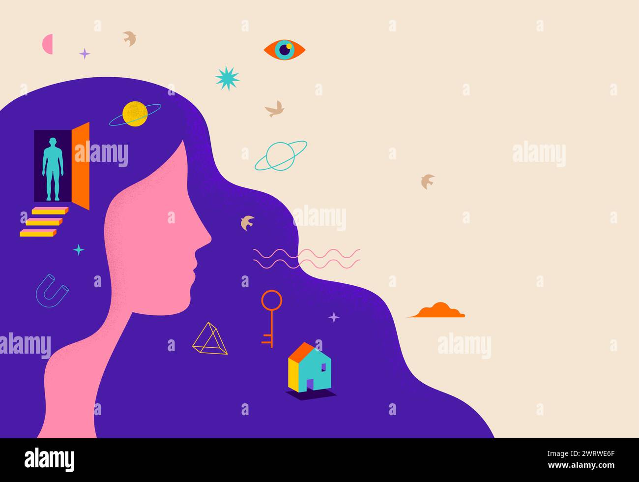 Surreal, Psychology, Dream, Mental Health concept illustration. Woman's ...