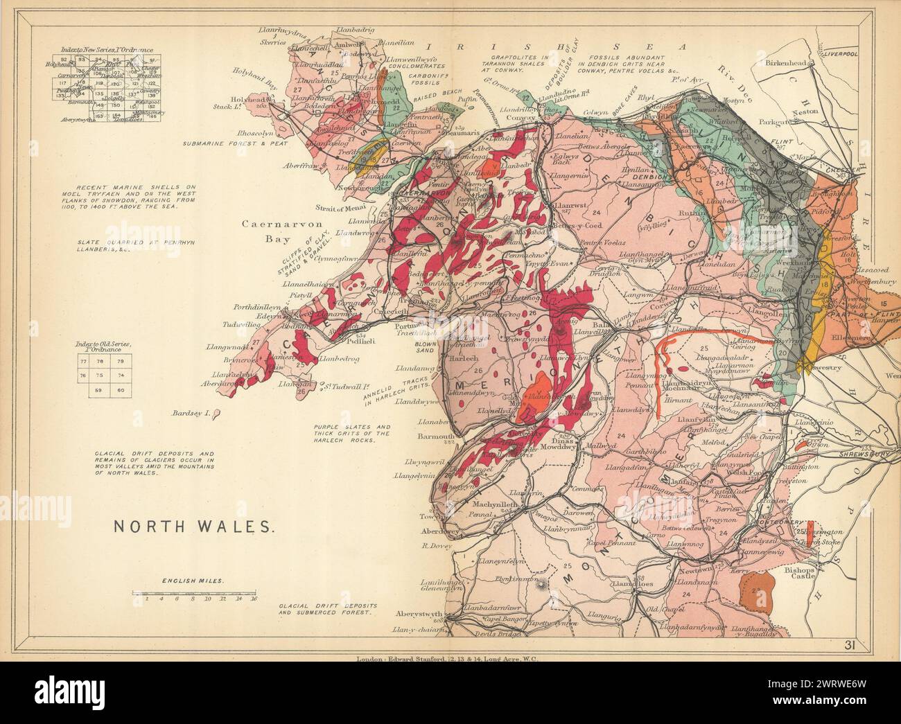 NORTH WALES Geological map. STANFORD 1904 old antique vintage plan ...