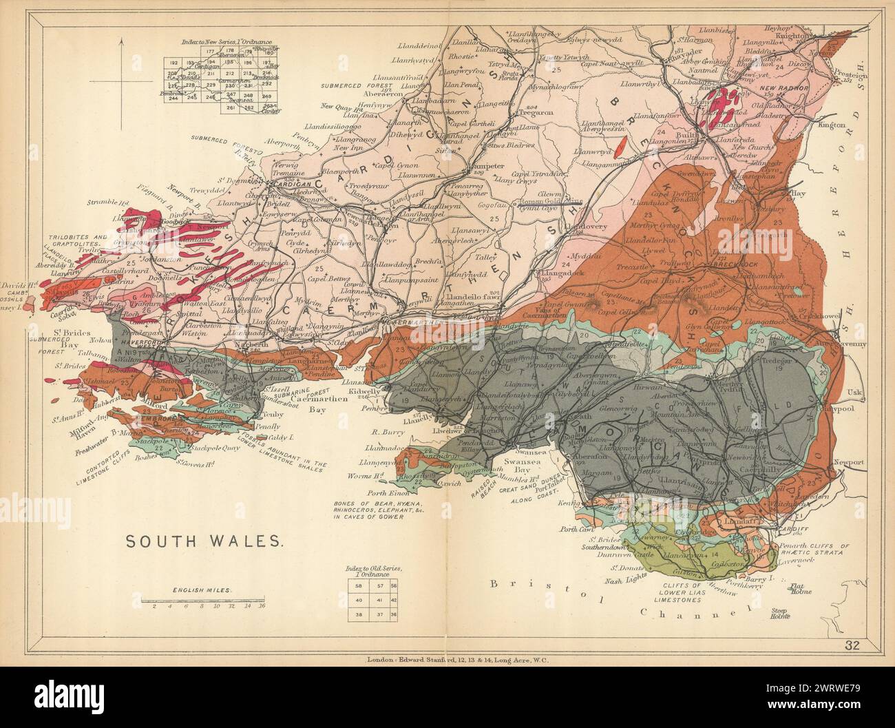 SOUTH WALES Geological map. STANFORD 1904 old antique vintage plan ...
