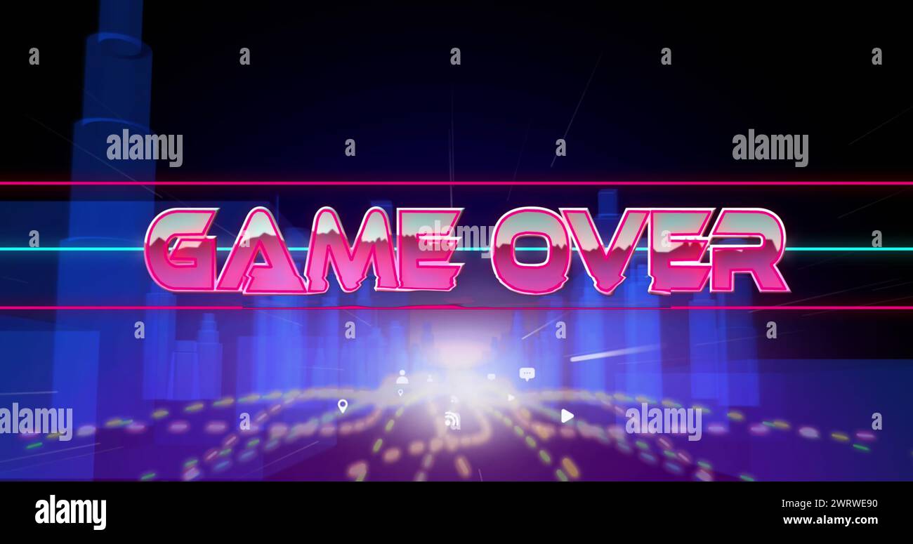 Image of game over text over icons and digital city on black background ...