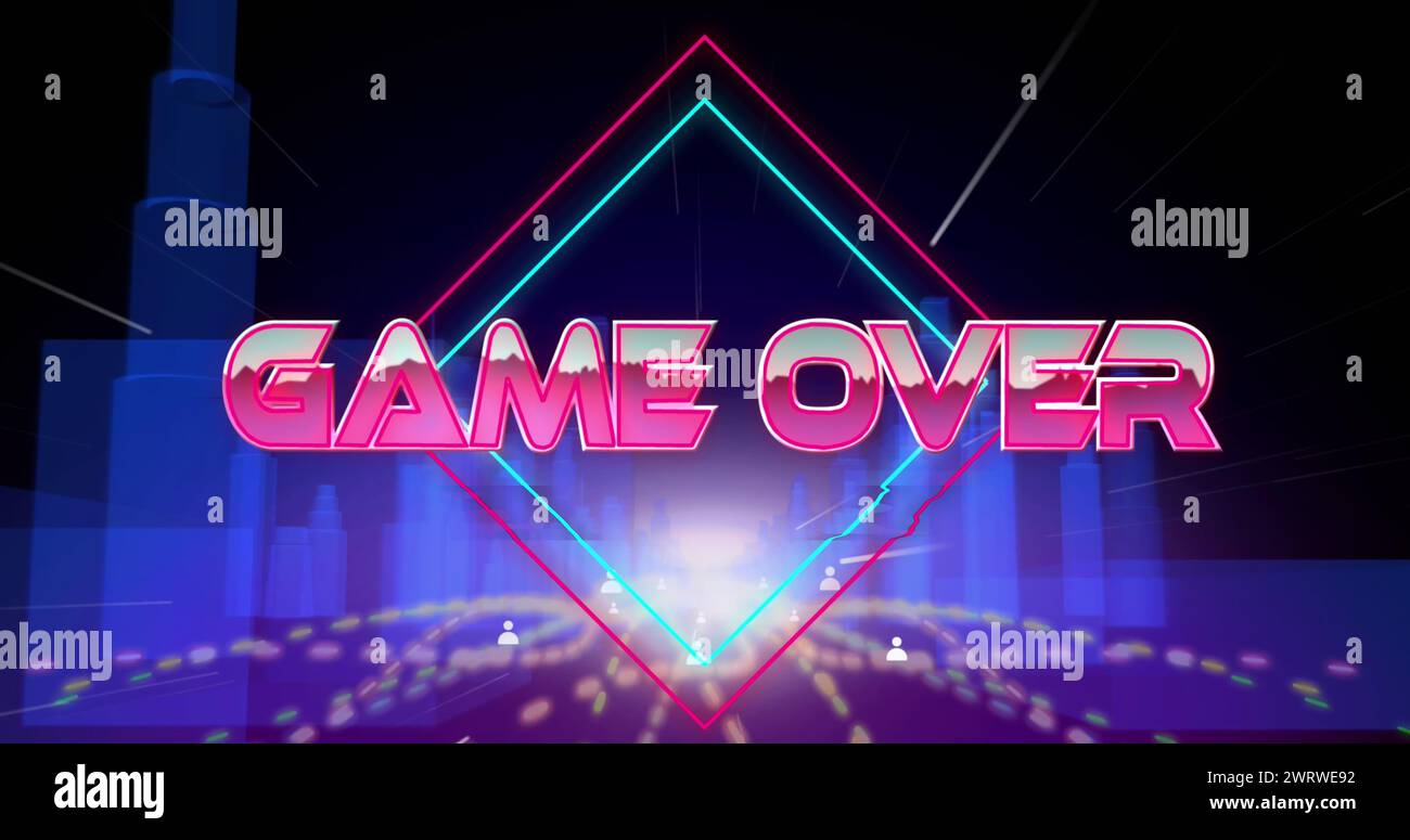 Image of game over text over icons and digital city on black background ...