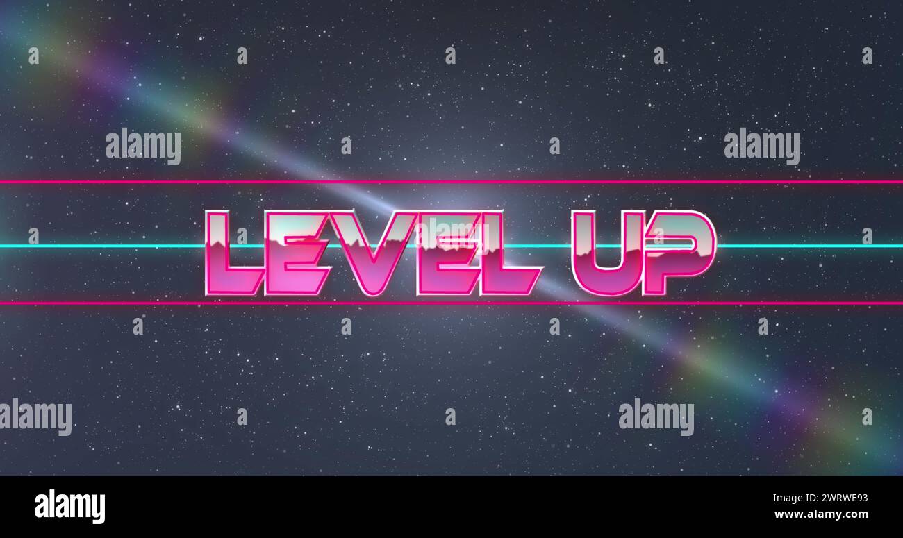 Image of level up text over light trails and spots on black background ...