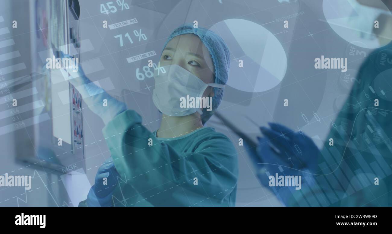 Image of infographic interface, diverse doctors wearing safety gears ...