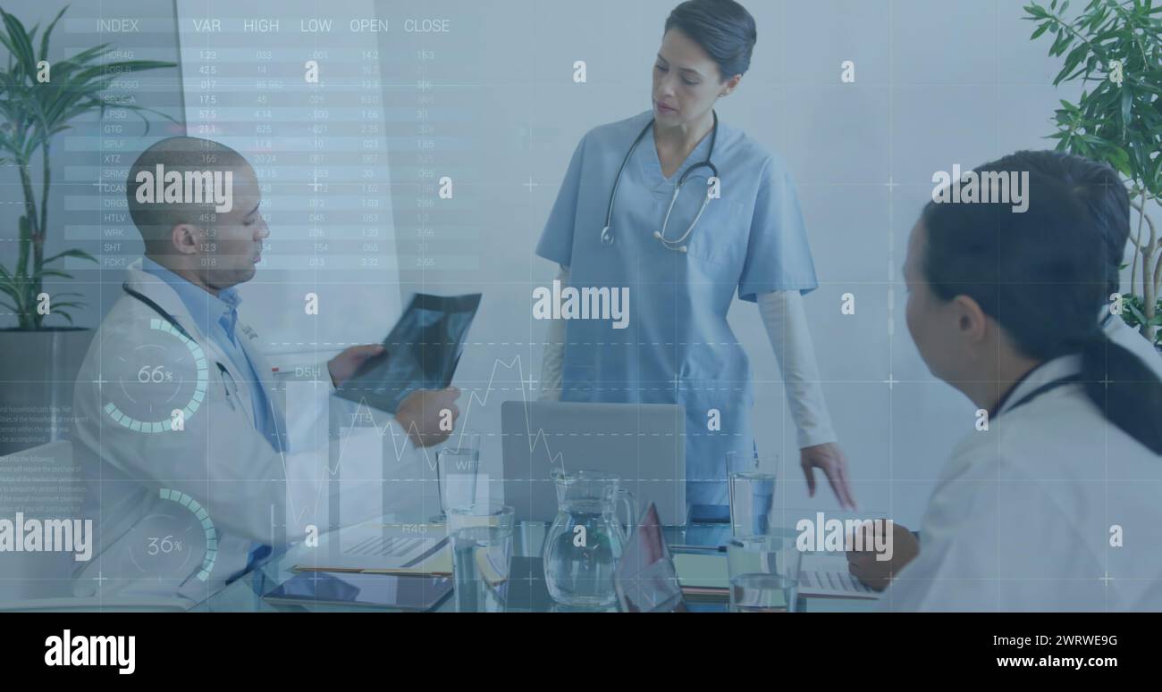 Image of infographic interface, graphs over diverse doctors discussing ...