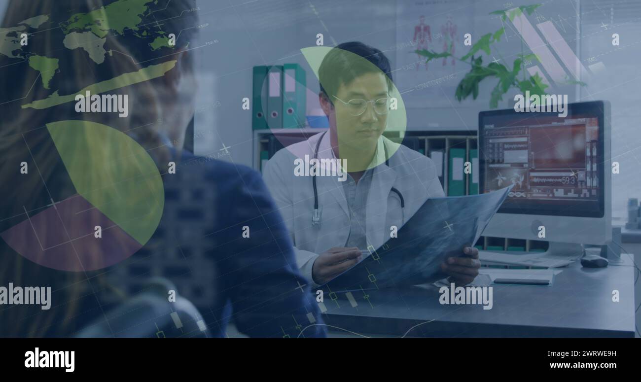 Image of infographic interface, diverse doctor discussing x-ray reports ...