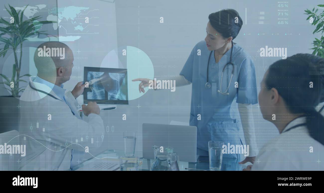 Image of infographic interface, graphs over diverse doctors discussing ...