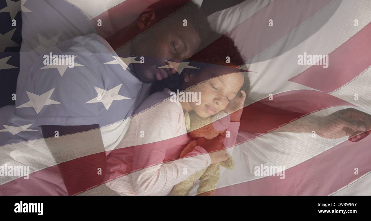 Image of flag of united states of america over african american father ...