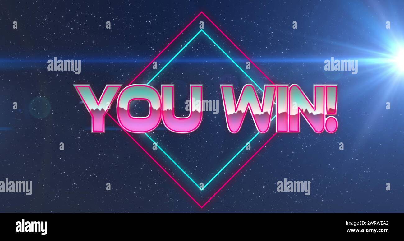Image of you win text over light trails and spots on black background ...