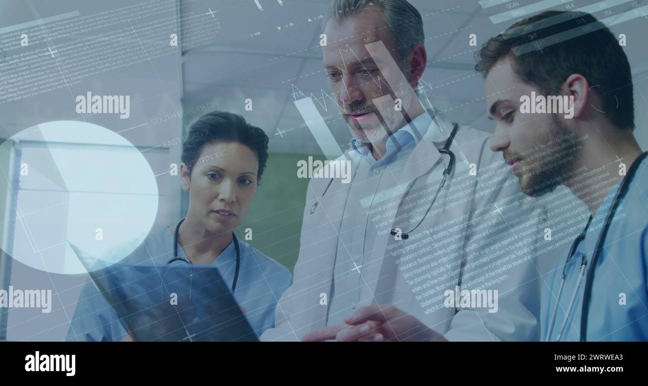 Image of infographic interface over diverse doctors discussing patient ...