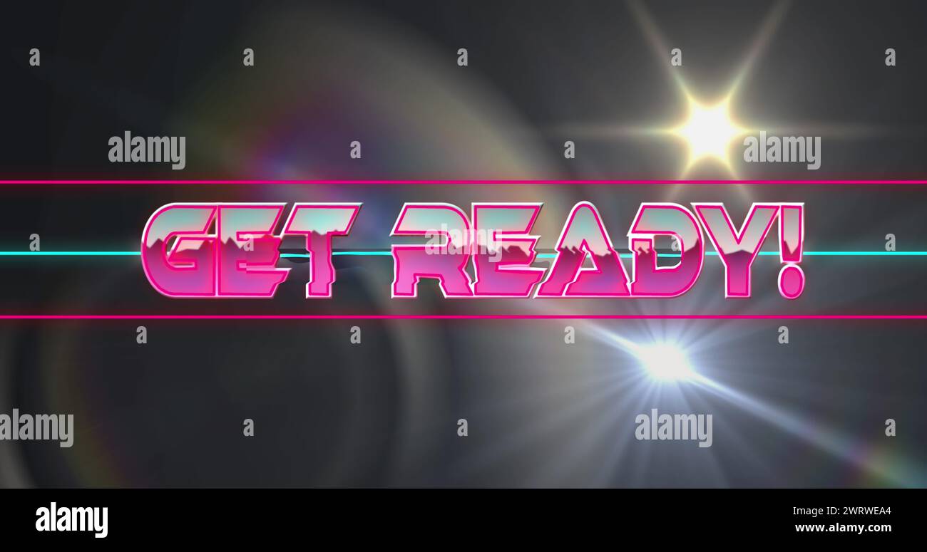 Image of get ready text over light trails and spots on black background ...