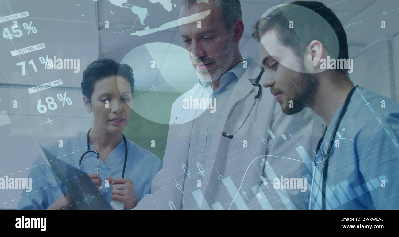 Image of infographic interface over diverse doctors discussing patient ...